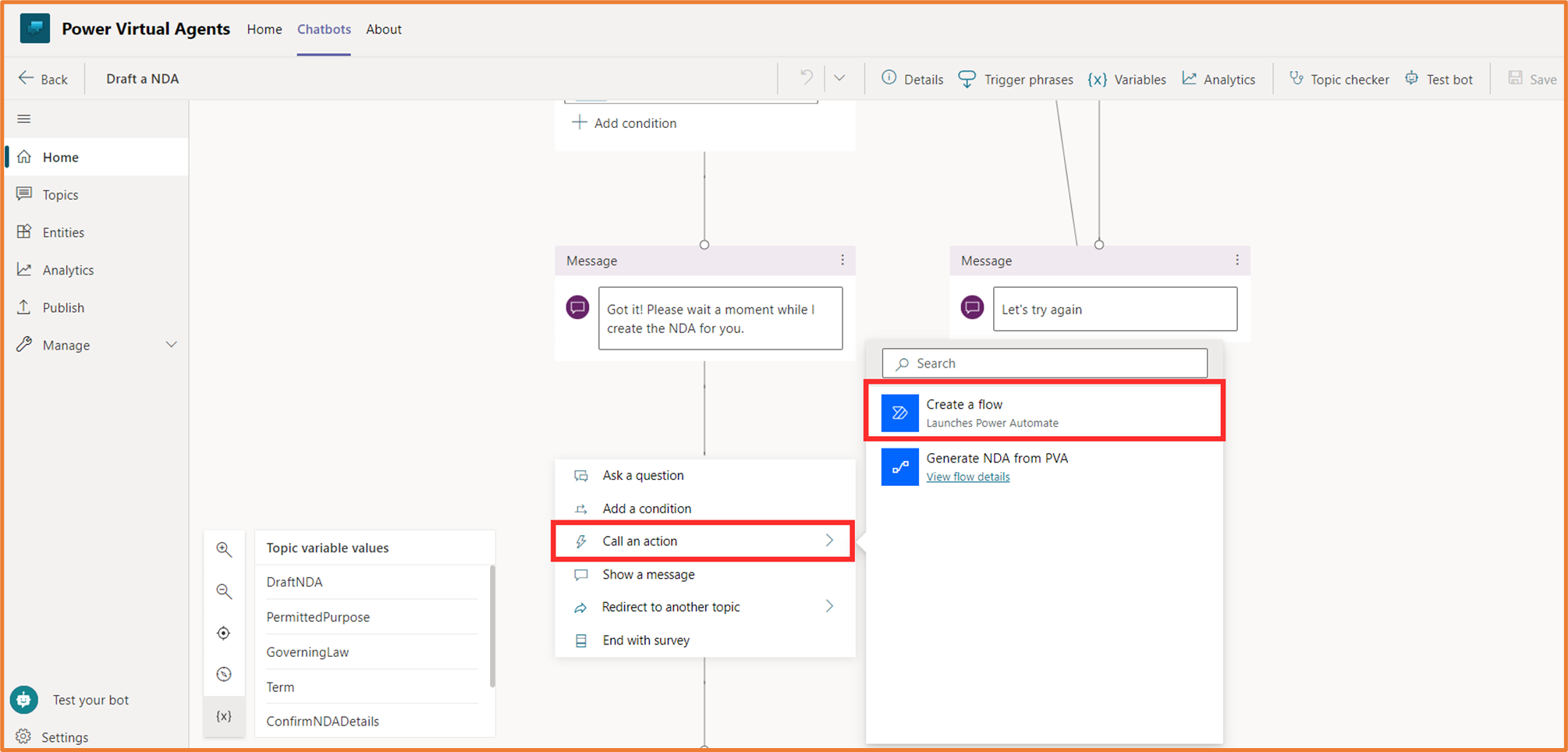 Document generation with Power Virtual Agents: talk to the bot > fill a ...