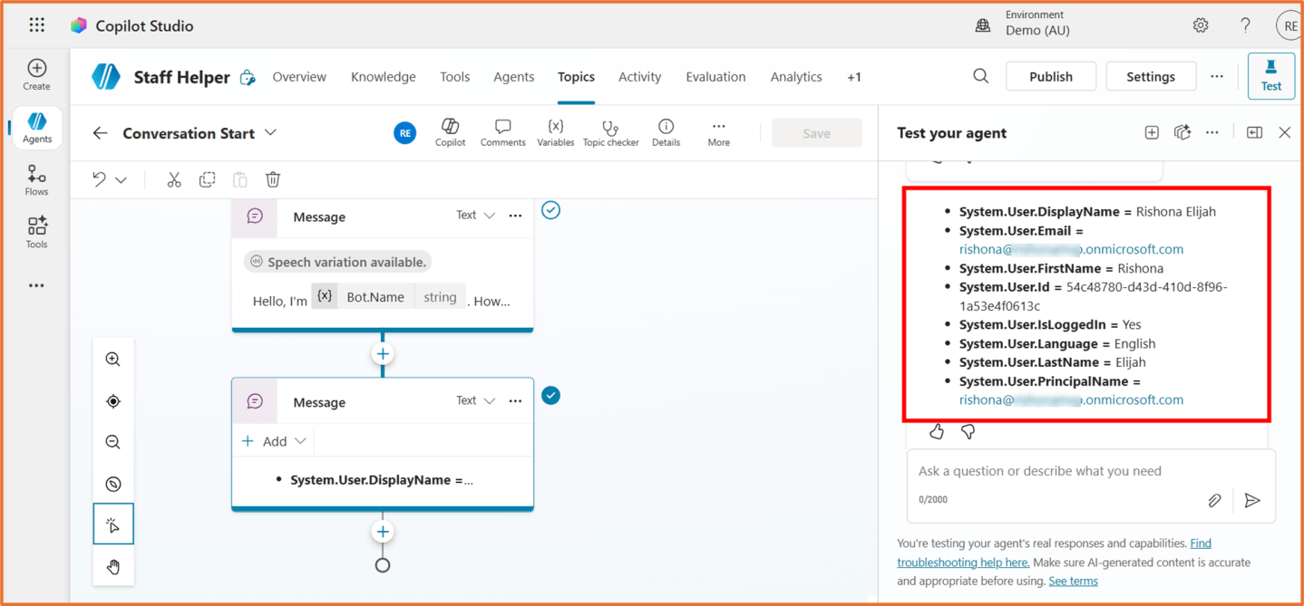 Copilot Studio: Readily-available information about the logged in user ...